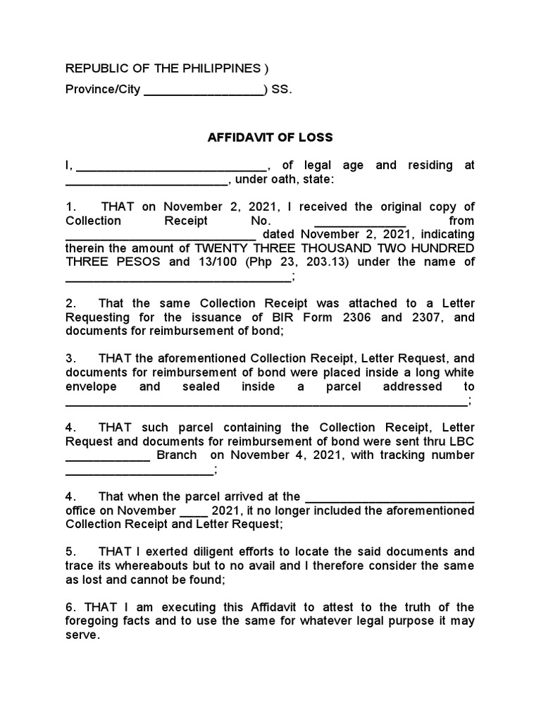 Affidavit of Loss Receipt | PDF