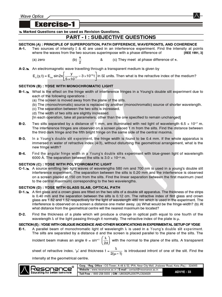 Wave Optics Exercises Pdf Wavelength Diffraction