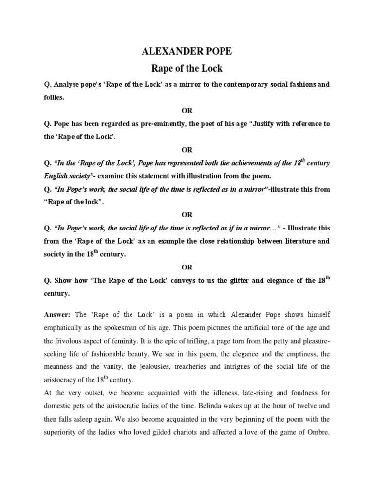 Alexander Pope Rape of The Lock | PDF