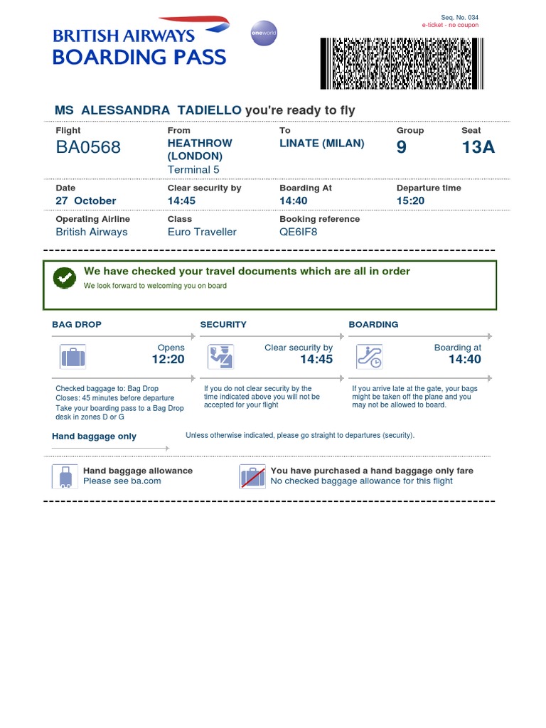 Boarding Pass BA0568 LHR LIN 034 | PDF | Baggage | Airlines