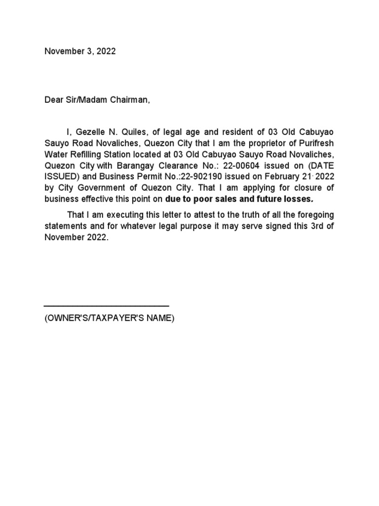 Letter For Business Closure | PDF