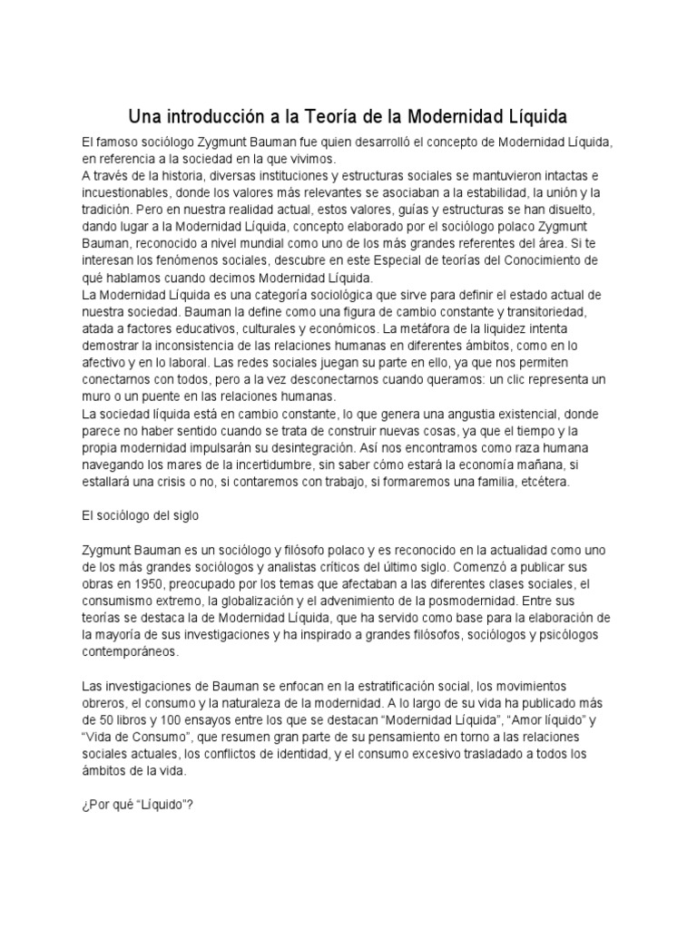 Introducción A La Modernidad Liquida | PDF | Sociología | Modernidad