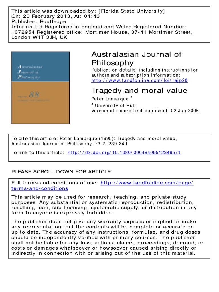 Australasian Journal of Philosophy: To Cite This Article: Peter Lamarque (1995) : Tragedy and ...