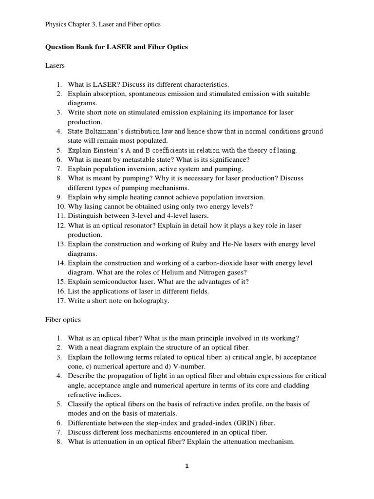 Laser and Fiber Optics Question Bank | PDF | Laser | Optical Fiber