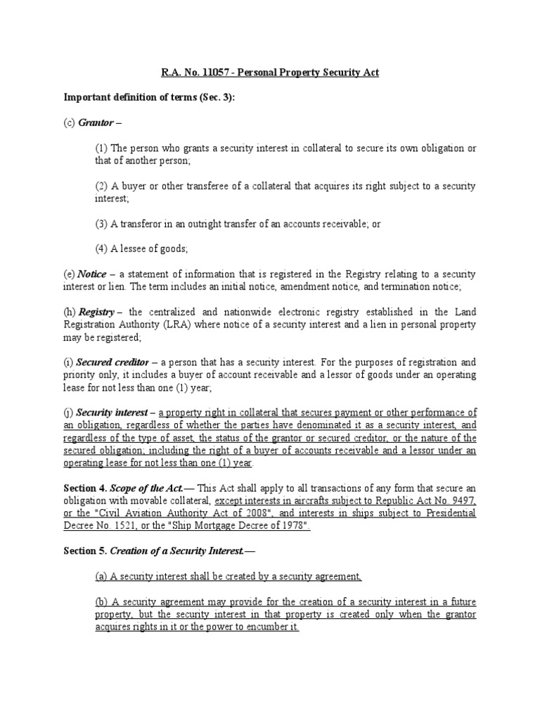 Ra 11057 Ppsa | PDF | Security Interest | Securities (Finance)