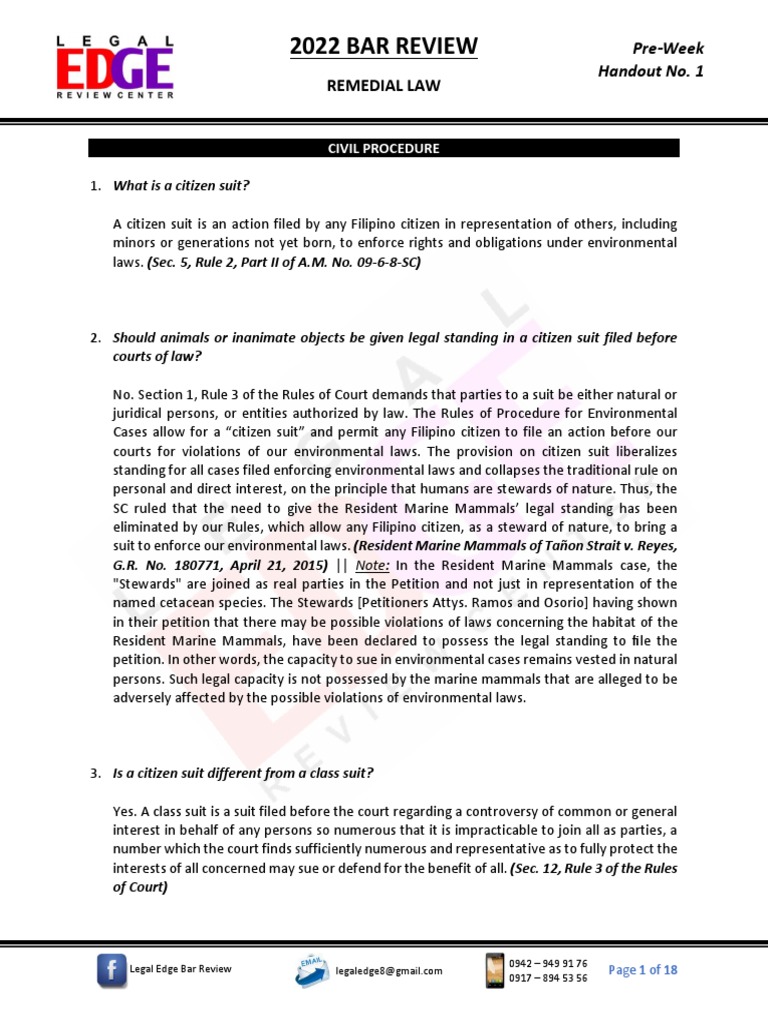 2022 PREWEEK HO 1 - Remedial Law | Download Free PDF | Plea | Lawsuit