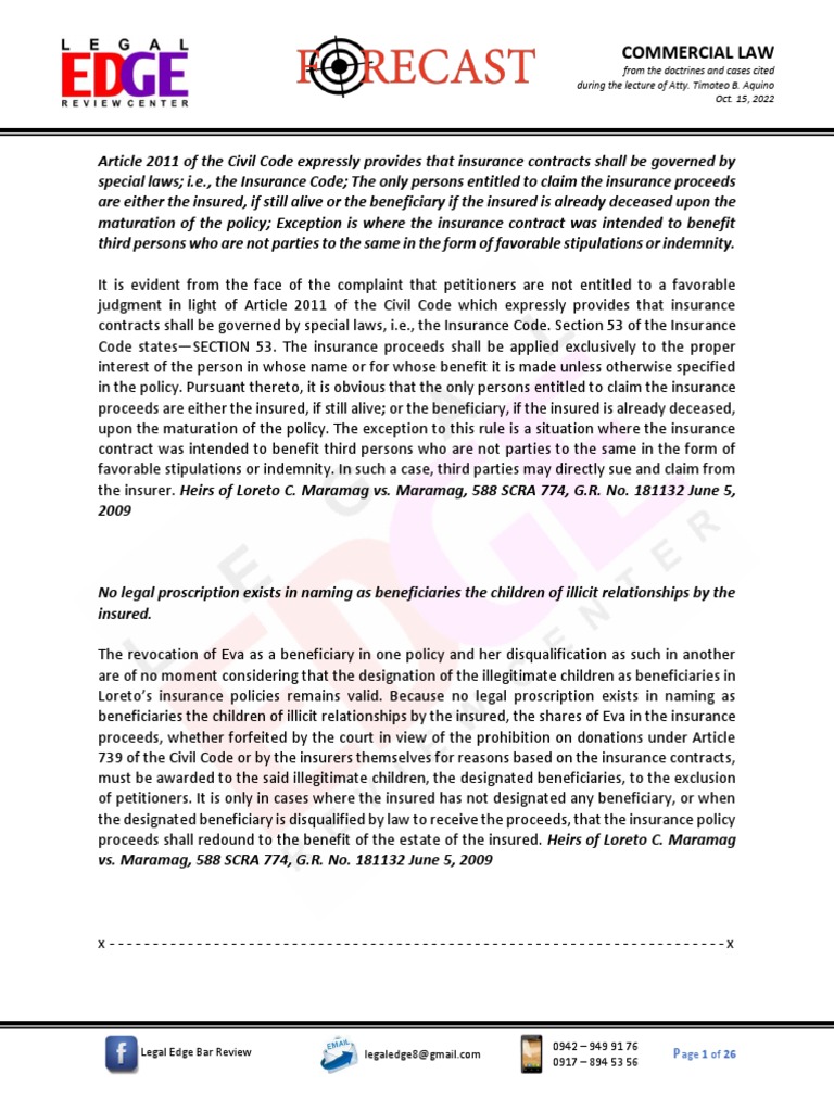 2022 FORECAST Commercial Law (Atty Aquino) - 1 | PDF | Assignment (Law) | Subrogation