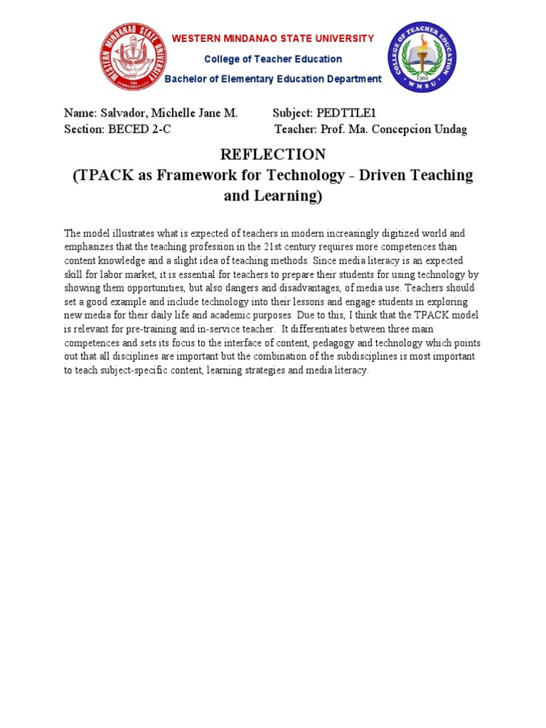 REFLECTION TPACK As Framework For Technology - Driven Teaching and Learning | PDF