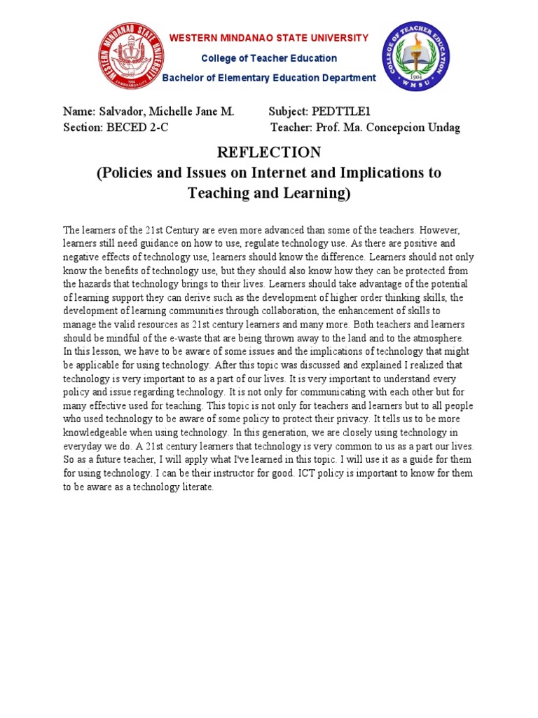REFLECTION Policies and Issues On Internet and Implications To Teaching ...
