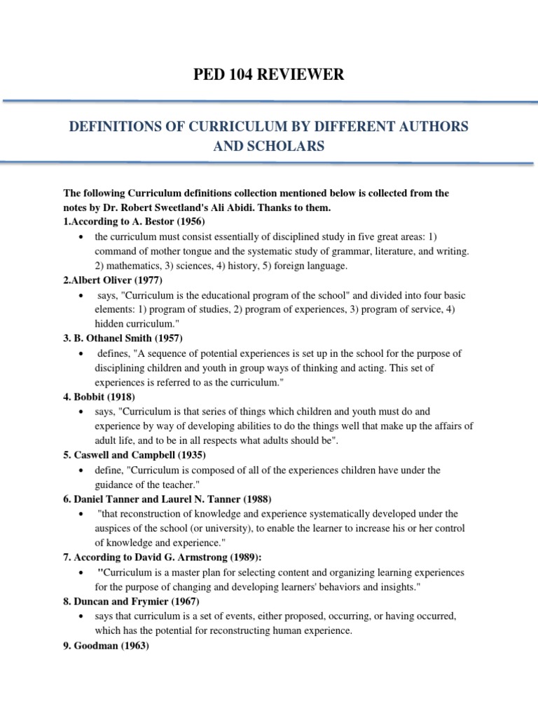 PED 104 Curriculum Definitions | PDF | Curriculum | Learning