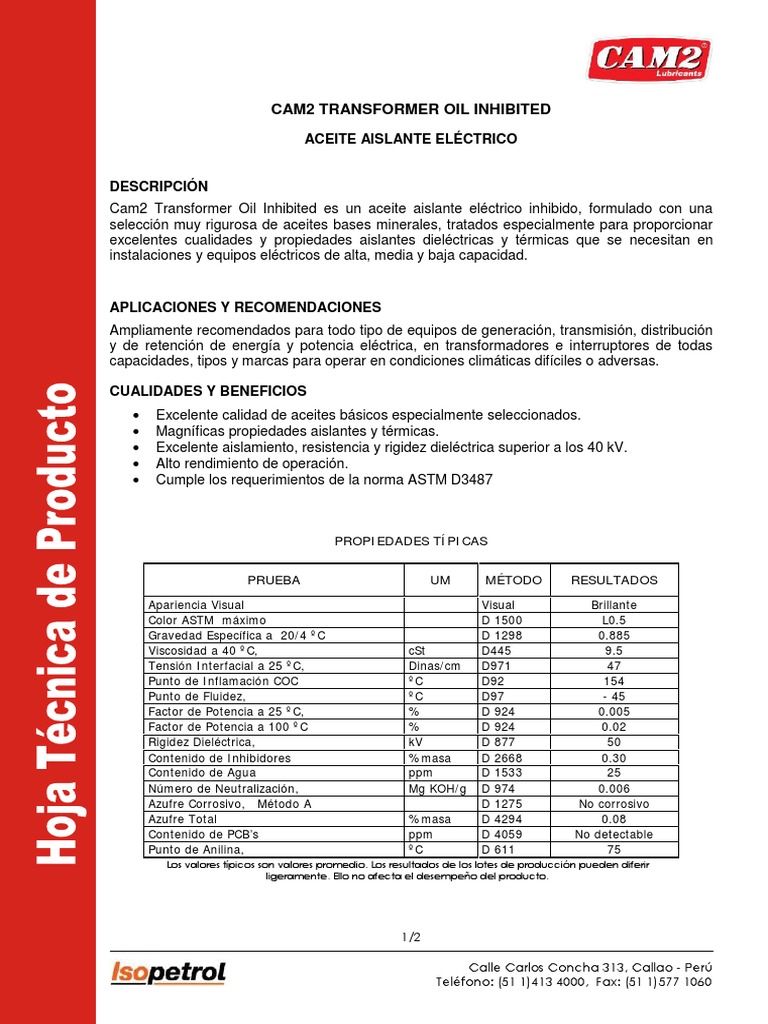 SIG-HC-76 CAM2 Transformer Oil Inhibited Rev01 | PDF | Aislador ...