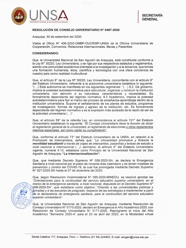 Reglamento Internacionalización Virtual UNSA | PDF