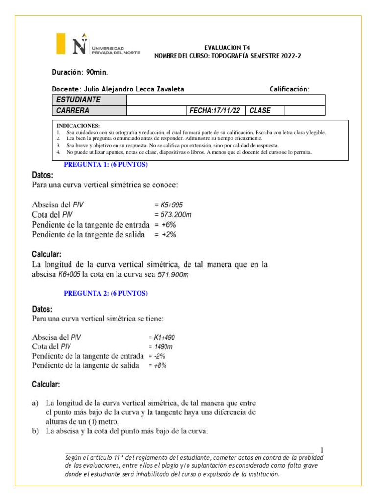 Examen T4 Topografìa | PDF | Prueba (evaluación)