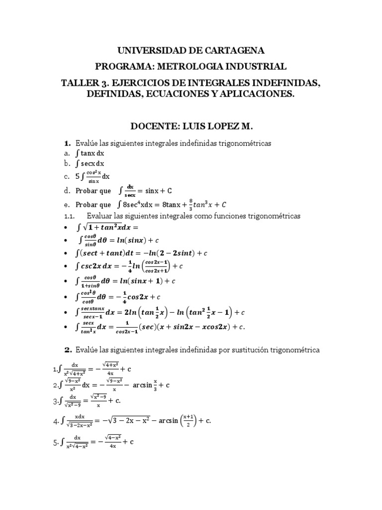 Ejercicios de Integrales y Aplicaciones | PDF | Integral | Análisis ...