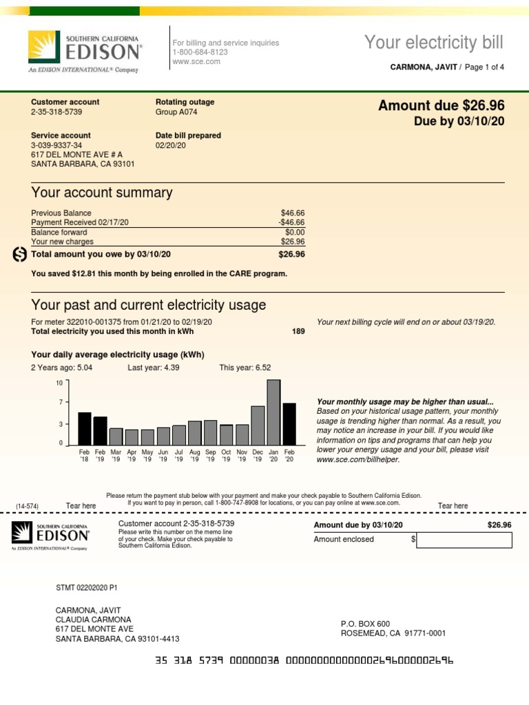 Southern California Edison Bill Summary | PDF | Cheque | Electric Power