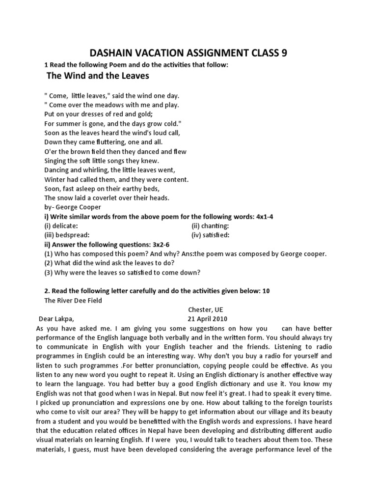 Dashain Vacation Assignment Class 9 | PDF | English Language | Human ...