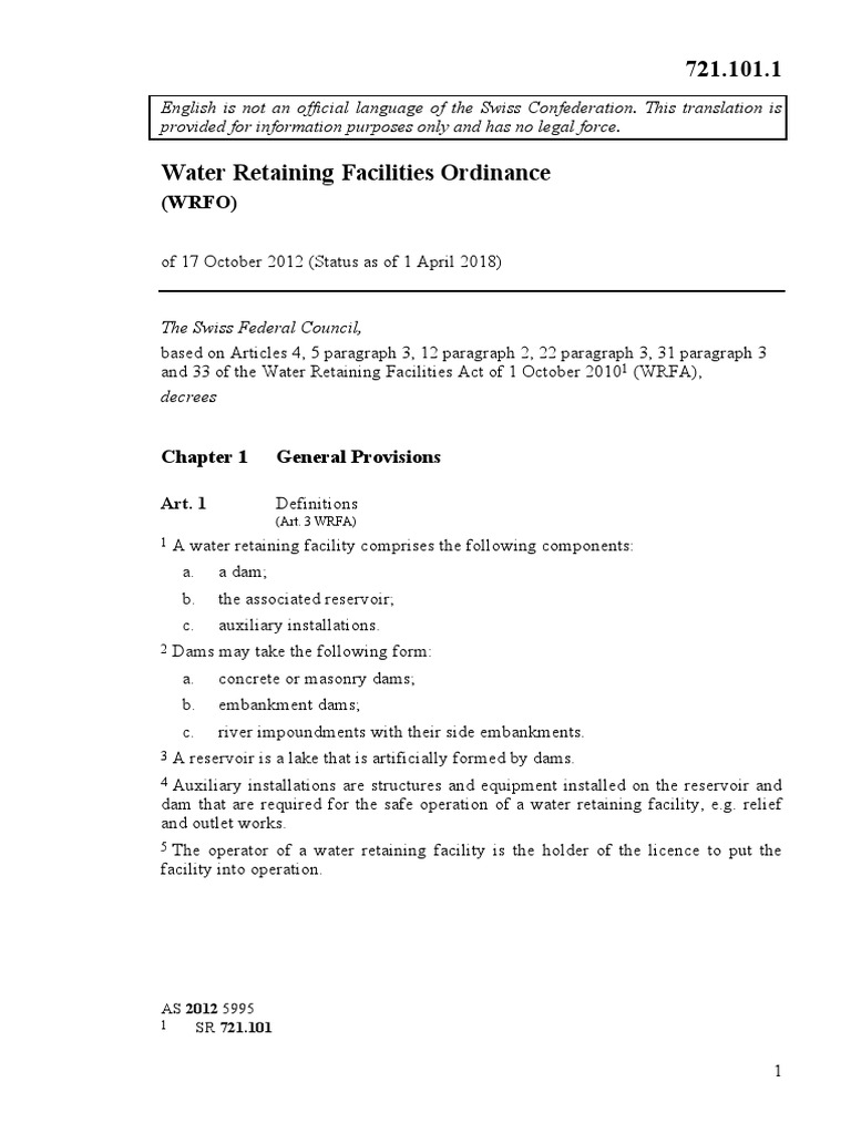 Swiss Water Retaining Facilities Ordinance | PDF | Dam