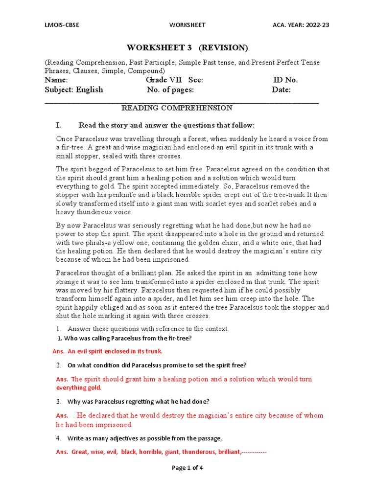 Revision - Ans - Key Worksheet 3-English-Grade 7 2022-23 | PDF ...