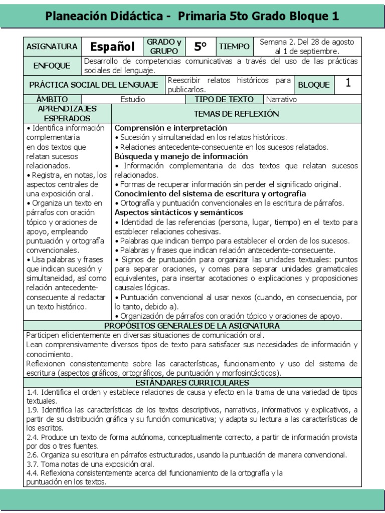 Plan 5to Grado - Bloque 1 Espa Ol (2016-2017) | PDF | Puntuación | Fábula