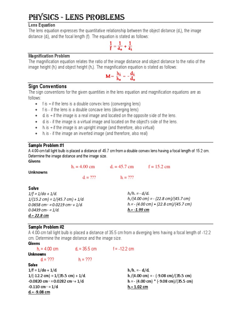 Lens Problems - Answer Key | PDF | Equipment | Lenses