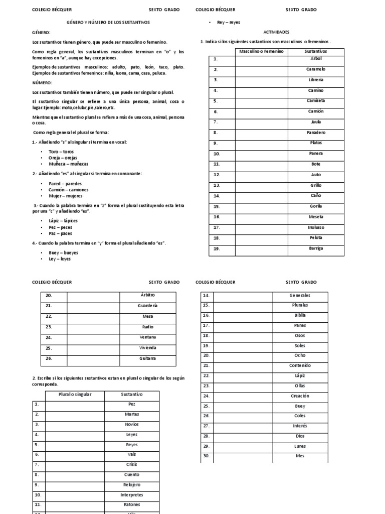 100-5160-3982-Género y Número de Los Sustantivos 6to | PDF | Sustantivo