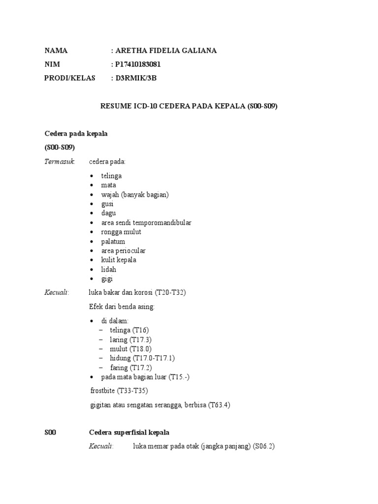 Resume Cedera Kepala Berdasarkan Klasifikasi ICD-10 (S00-S09) | PDF