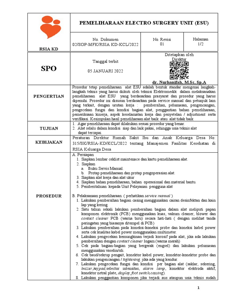 Spo Pemeliharaan Electro Surgery Unit (Esu) | PDF