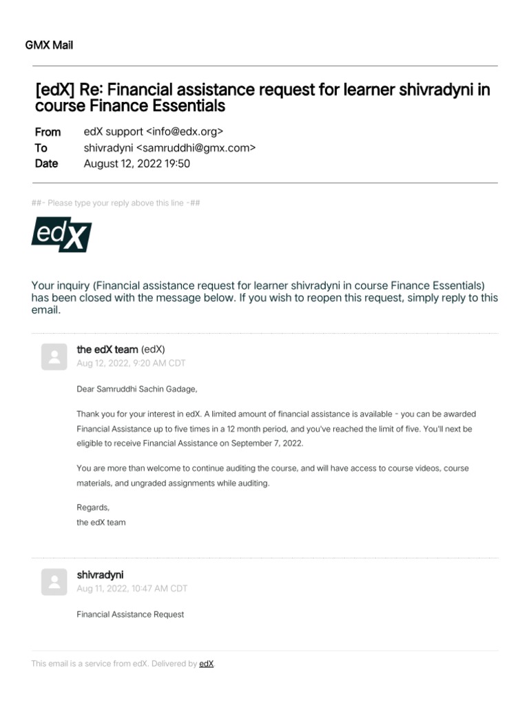 (EdX) Re - Financial Assistance Request For Learner Shivradyni in ...
