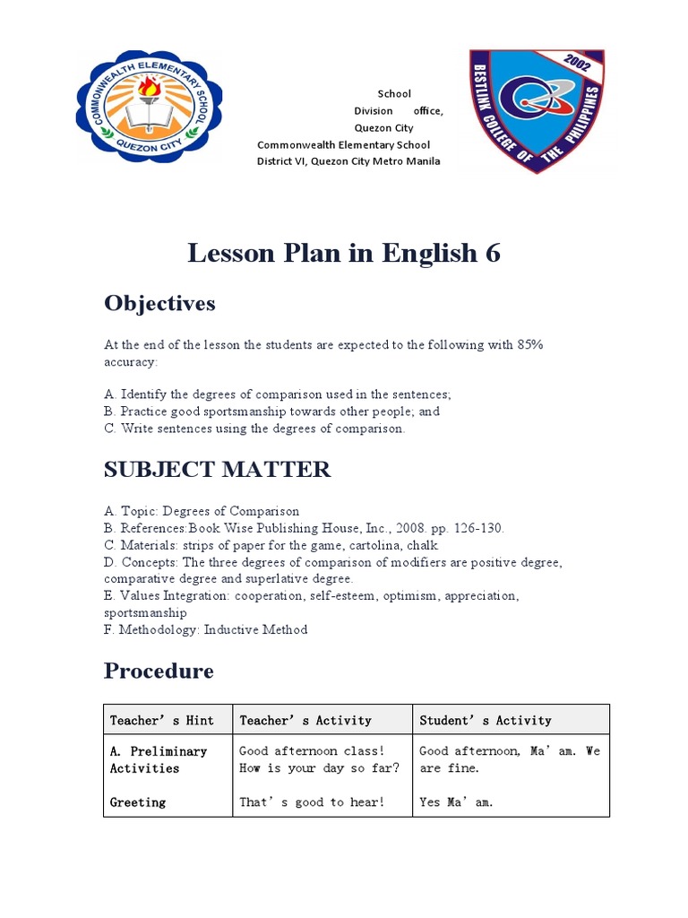 Lesson Plan in English 6 | PDF | Adjective | Cognitive Science