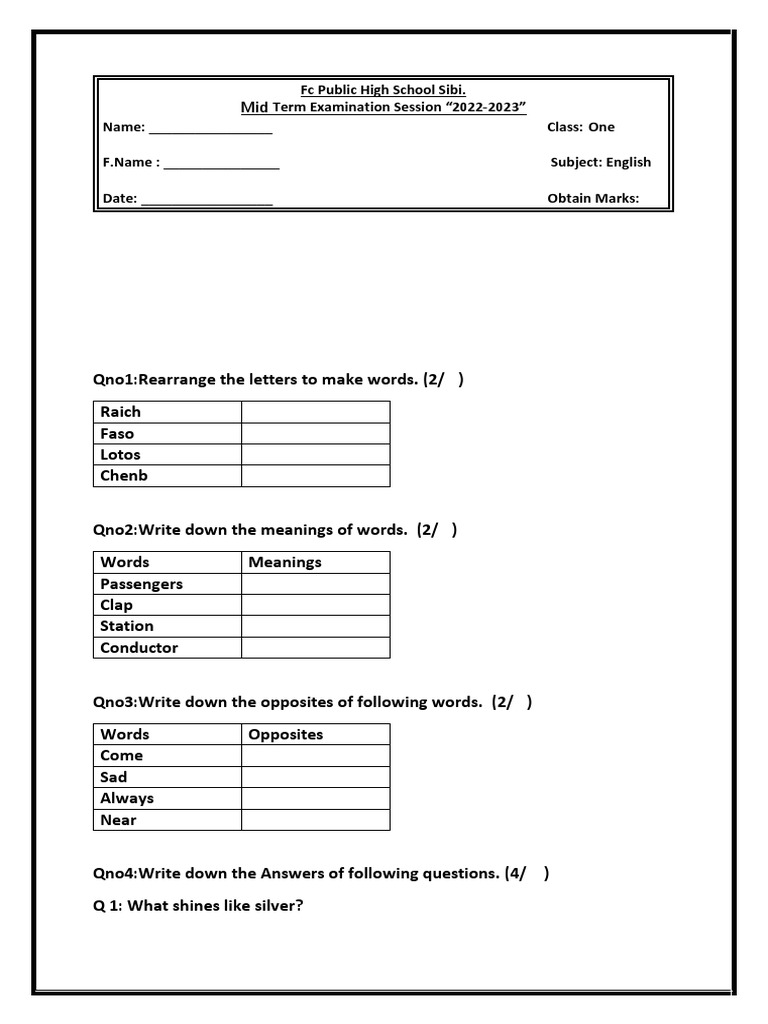 Mid Term Exam Paper for Class One | PDF | Social Science