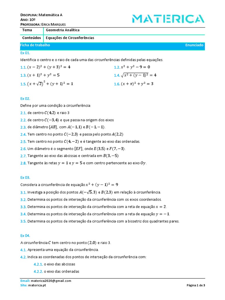 Ficha 2 Equações De Circunferências 10 Pdf Círculo Sistema De