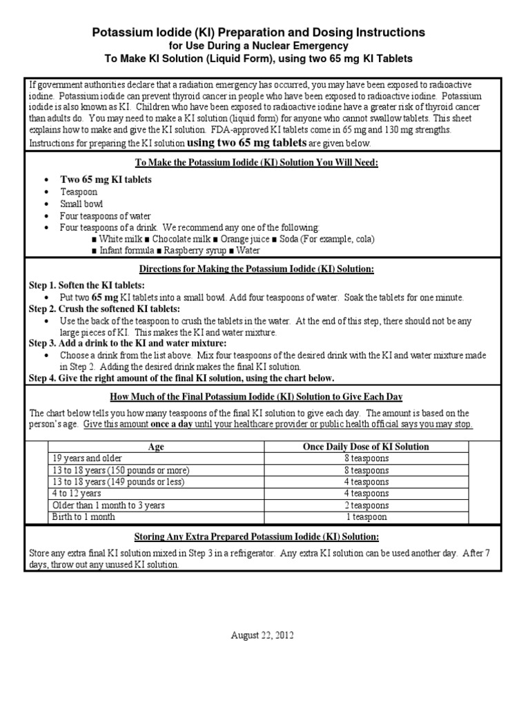 KI Solution (Liquid Form) Using Two 65 MG KI Tablets | PDF | Iodine ...