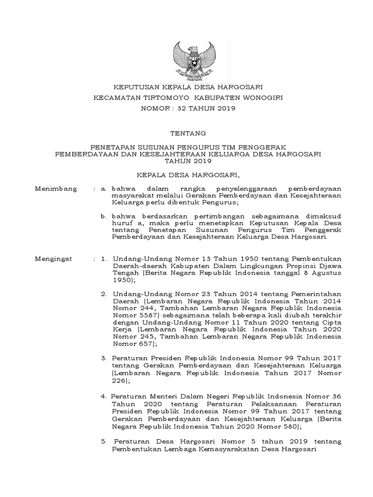 SK Kepala Desa Tentang Susunan Pengurus TP PKK | PDF