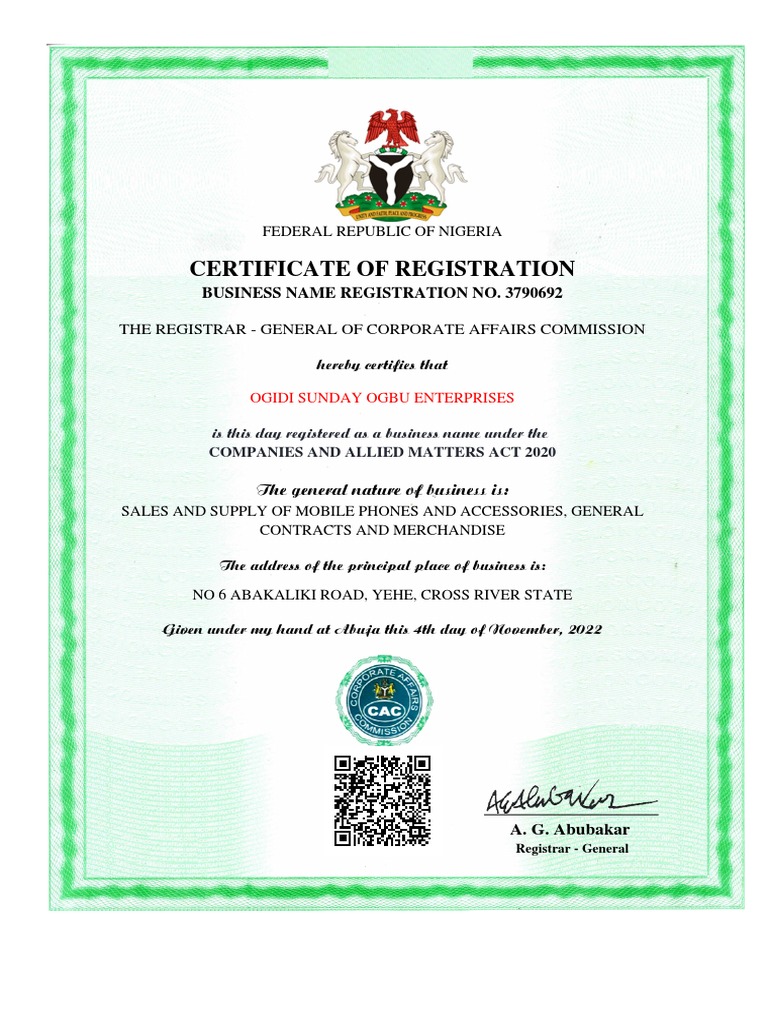 Certificate - Ogidi Sunday Ogbu Enterprises | PDF | Law