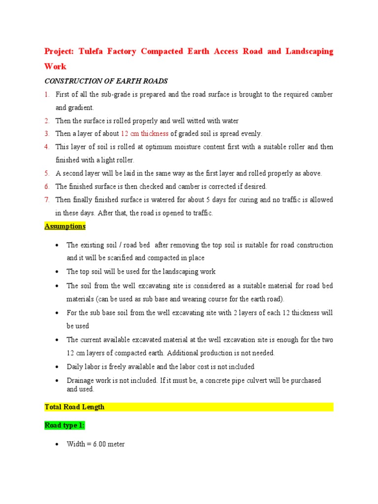 Work Methodology and Project Cost of Access Road and Landscaping Work ...
