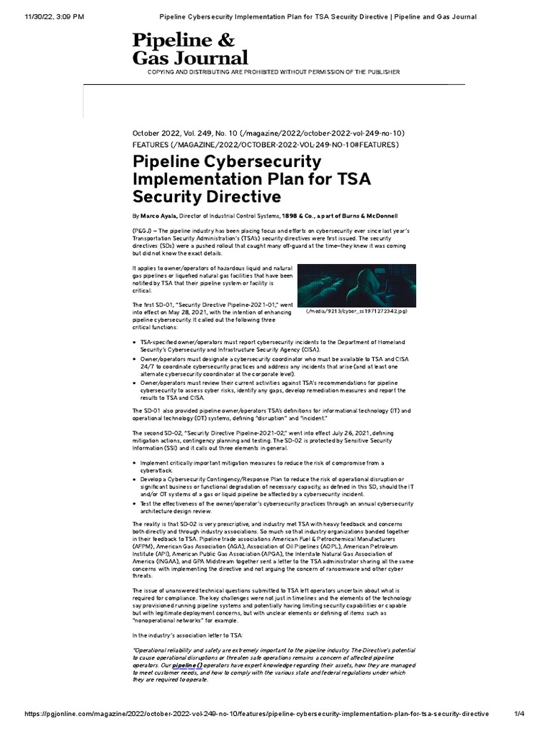 Pipeline Cybersecurity Implementation Plan For TSA Security Directive ... Pipeline Cybersecurity Implementation Plan For TSA Security Directive ...