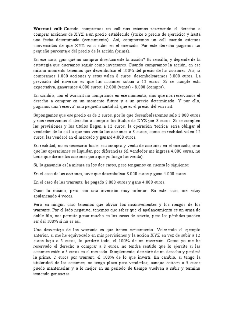 Warrant Call y Put Ejemplos | PDF | Warrant (Finanzas) | Compartir ...
