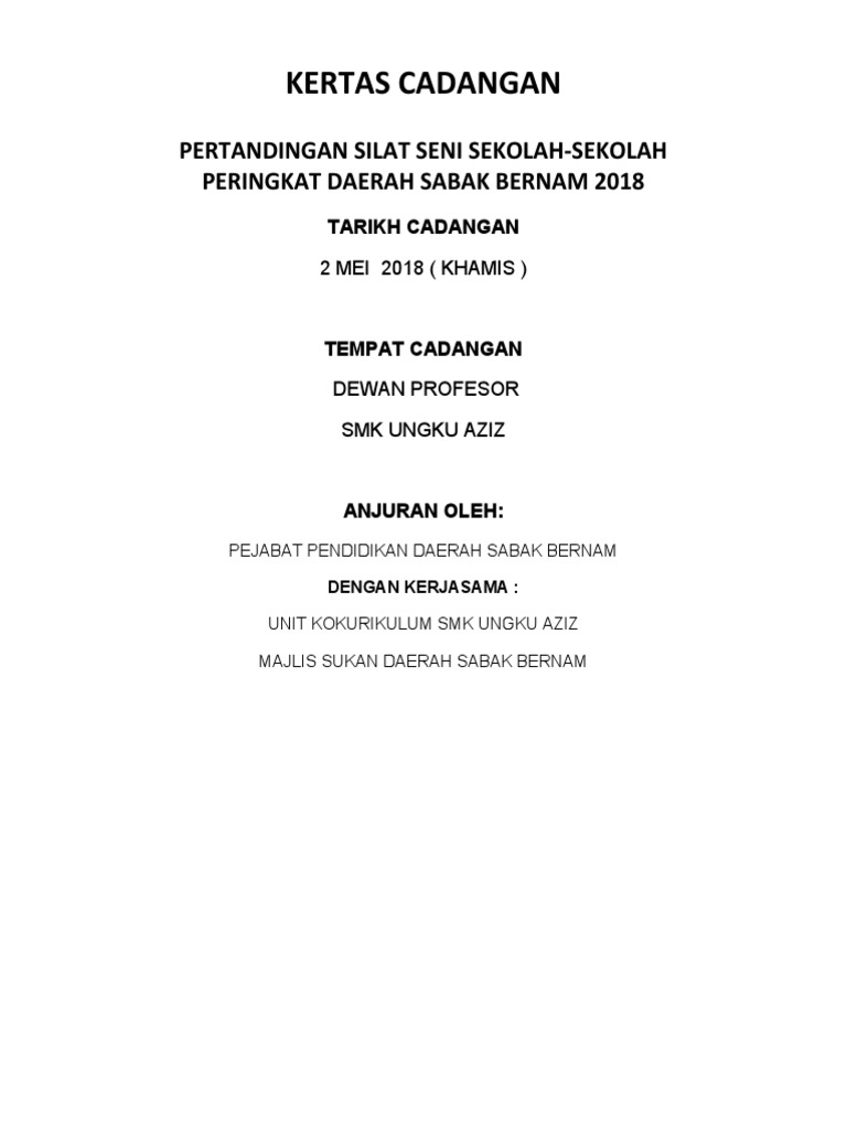 Kertas Kerja Pertandingan Silat Seni Sabak Bernam 2018 | PDF