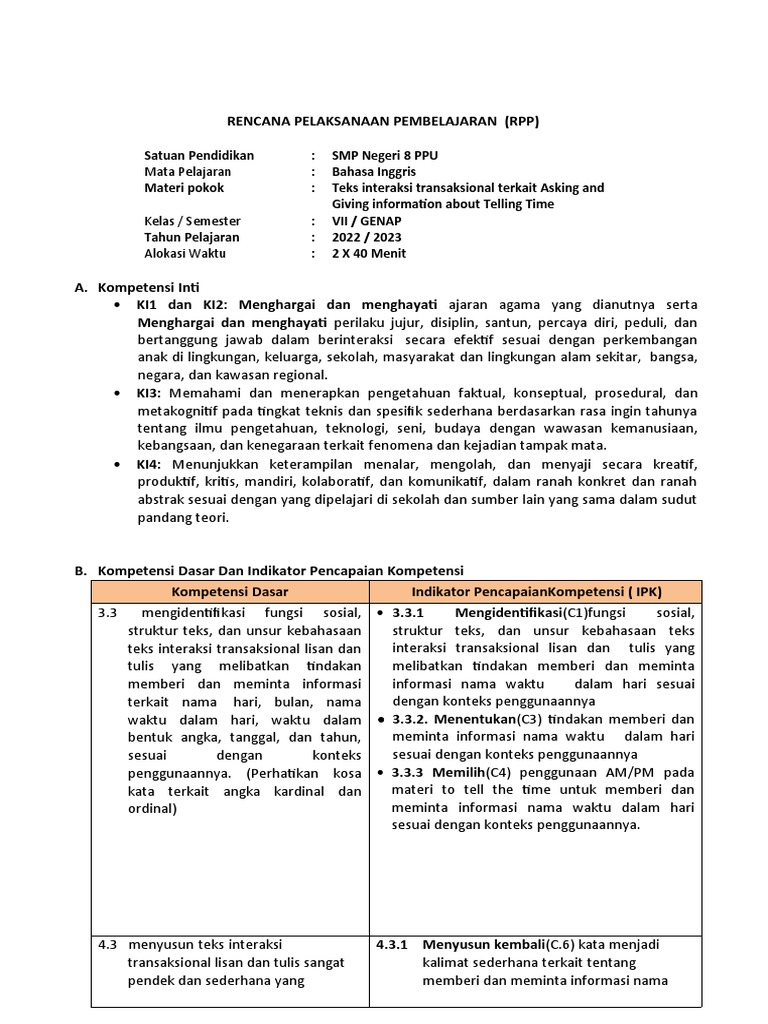 RPP Telling Time (Peerteaching) | PDF | Karier & Perkembangan | Kajian ...