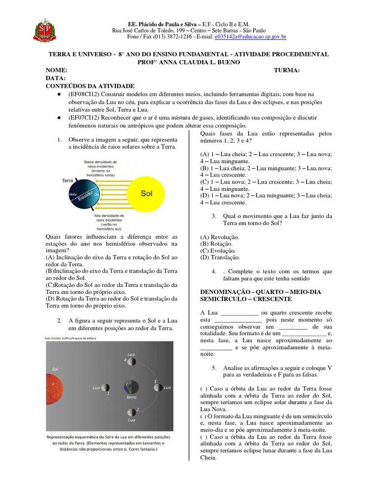 Atividades sobre Sol, Terra e Lua - 8º Ano | PDF | Terra | Lua