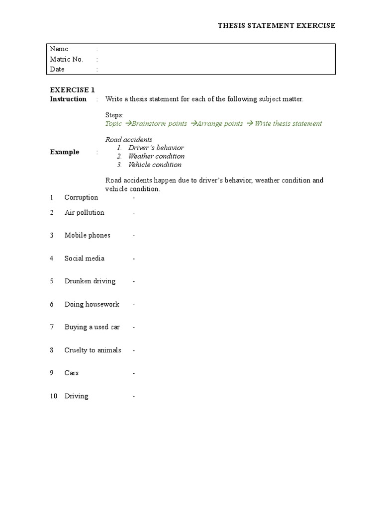 Thesis Statement Writing Exercise | PDF | Science & Mathematics