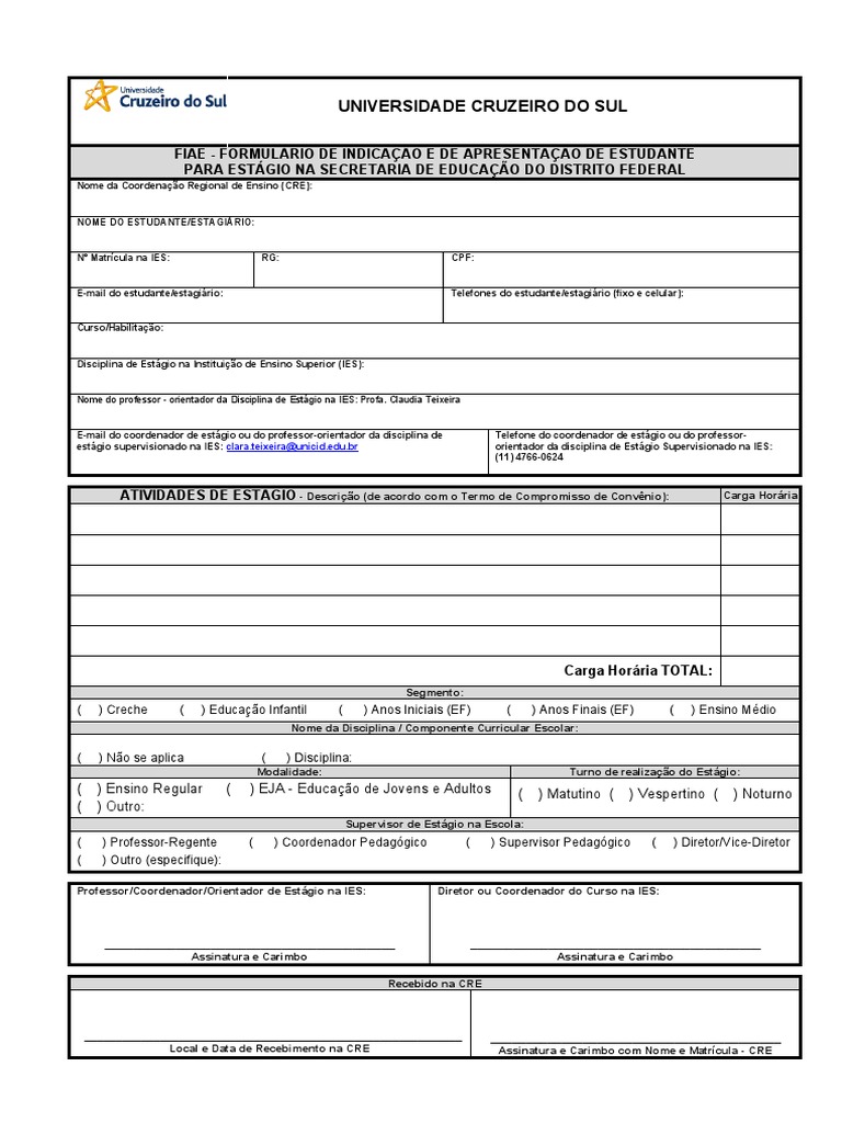 Formulário de indicação de estágio de estudante da Universidade ...