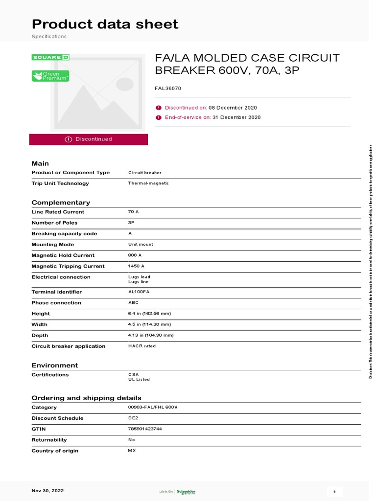 Discontinued 70A Circuit Breaker Info | PDF | Technology & Engineering