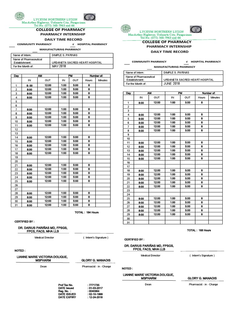 College of Pharmacy College of Pharmacy: Pharmacy Internship Daily Time ...