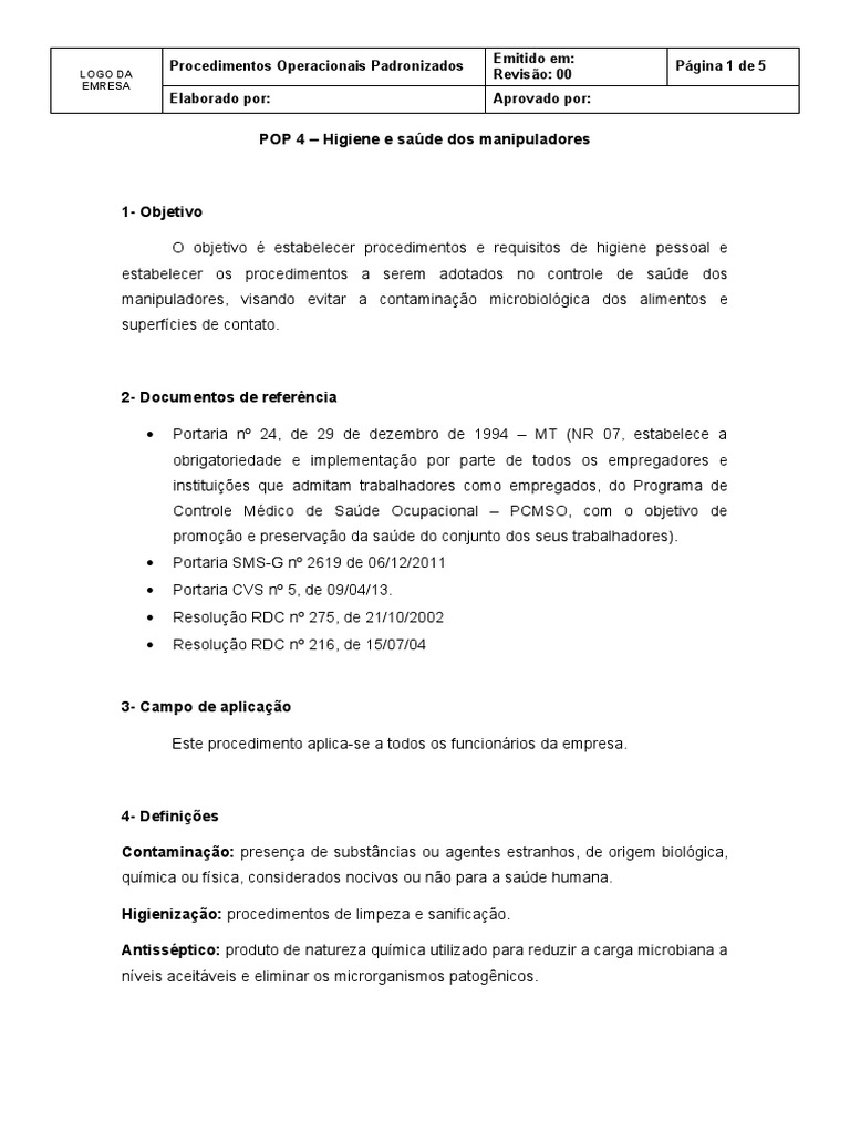 POP 4 - Higiene e Saúde Dos Manipuladores | PDF
