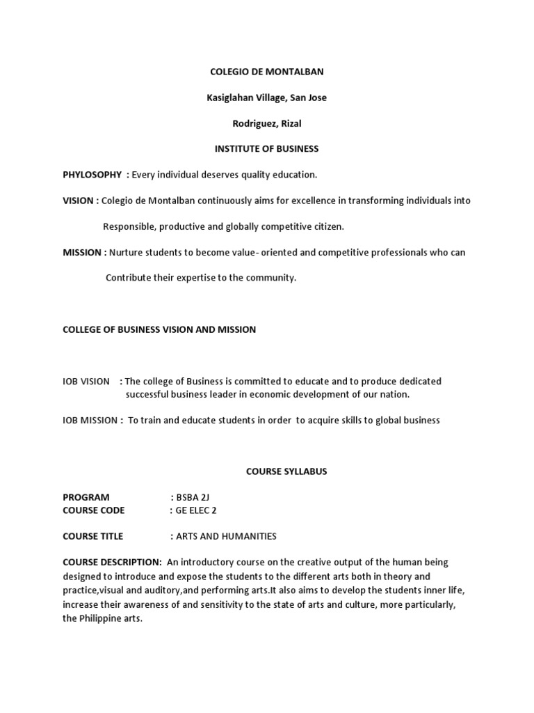 Course Syllabus Arts and Humanities Ge Elec 2 | PDF | The Arts | Paintings