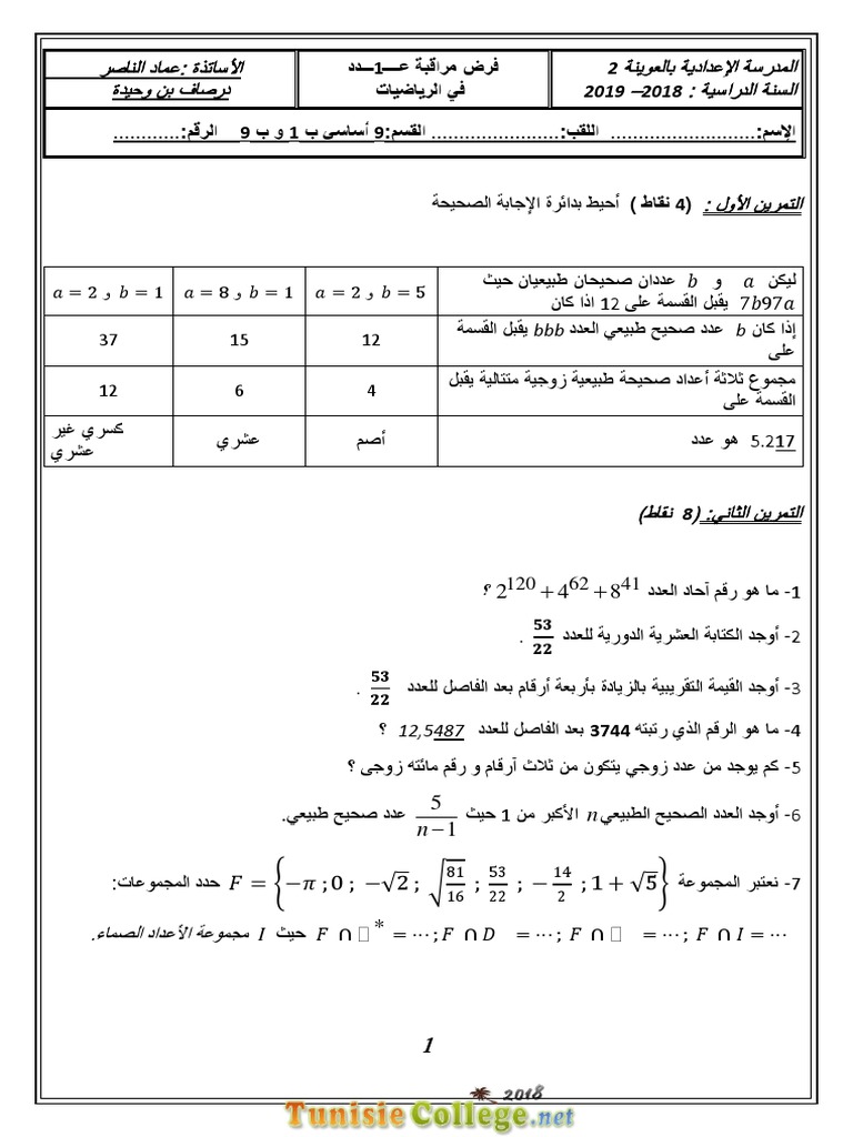 Devoir de Contrôle N°1 - Math - 9ème (2018-2019) MR Imed Naceur | PDF