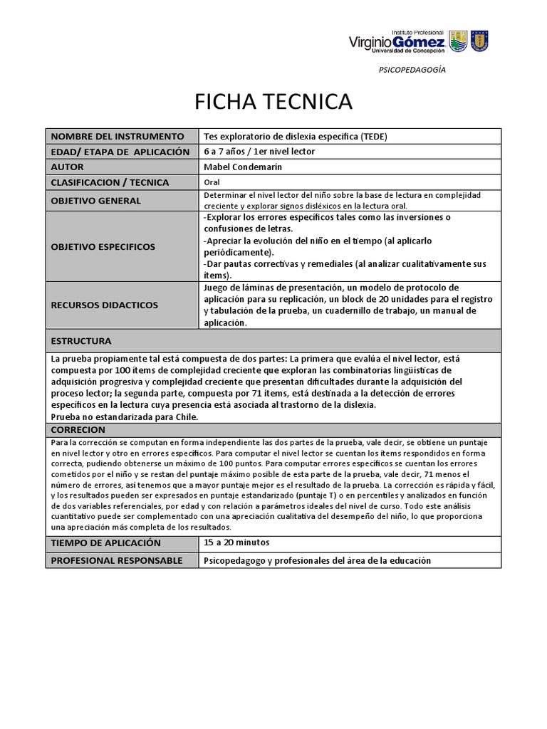 TEDE Ficha de Tecnica | PDF | Ciencia cognitiva | Cognición