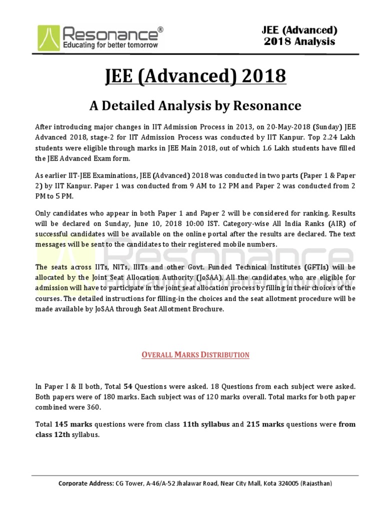 Analysis of JEE (Advanced) 2018 Exam Difficulty and Performance ...