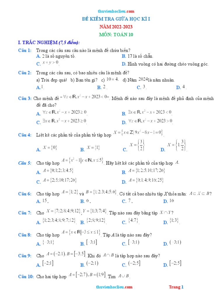 De Thi Giua HK1 Toan 10 Nam 2022 2023 Co Dap An | PDF